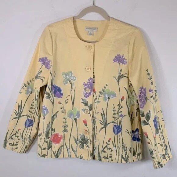 Appleseed's | Jackets & Coats | Appleseeds Yellow Floral Print Buttonup Cotton Jacket Xl | Poshmark